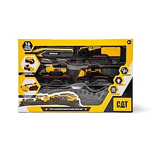 CAT Construction Toys, Little Machines Power Tracks Battery Operated Train Set, Engine with working headlight, 3 Rail Cars, Working Crane, 2 Magnetic Cargo Containers, and 2 CAT Trucks for Kids