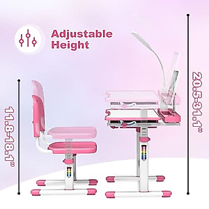 Wrilibo Kids Desk and Chair Set 3-12 Years, Height Adjustable Study Desk for Kids, Kids School Desk with Light, 40-Degree Tiltable Desktop Kids Study Desk, Girls Desk Pink