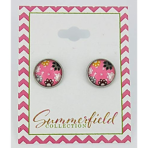 Stainless Steel Pink Cat Paw Print Glass Stud Earrings 12mm