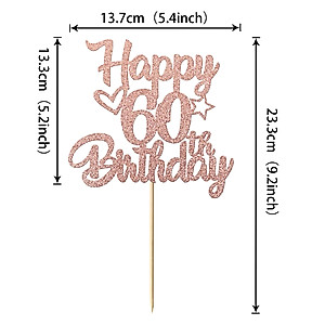 1 Pack Happy 60th Birthday Cake Topper Glitter Heart Star 60 Fabulous Cake Pick Birthday Sign Cake Decorations for Children 60th Birthday Theme Party Supplies Rose Gold