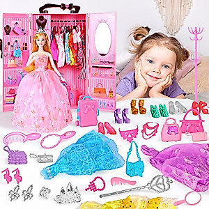 UCanaan 11.5 Inch Girl Doll and Closet Set with Clothes and Accessories-Lot 51 Items Including Fashion Dolls,Wardrobe, Trunk, Casual Wear, Dress, Swimsuits, Hangers, Shoes, Bags and Necklaces