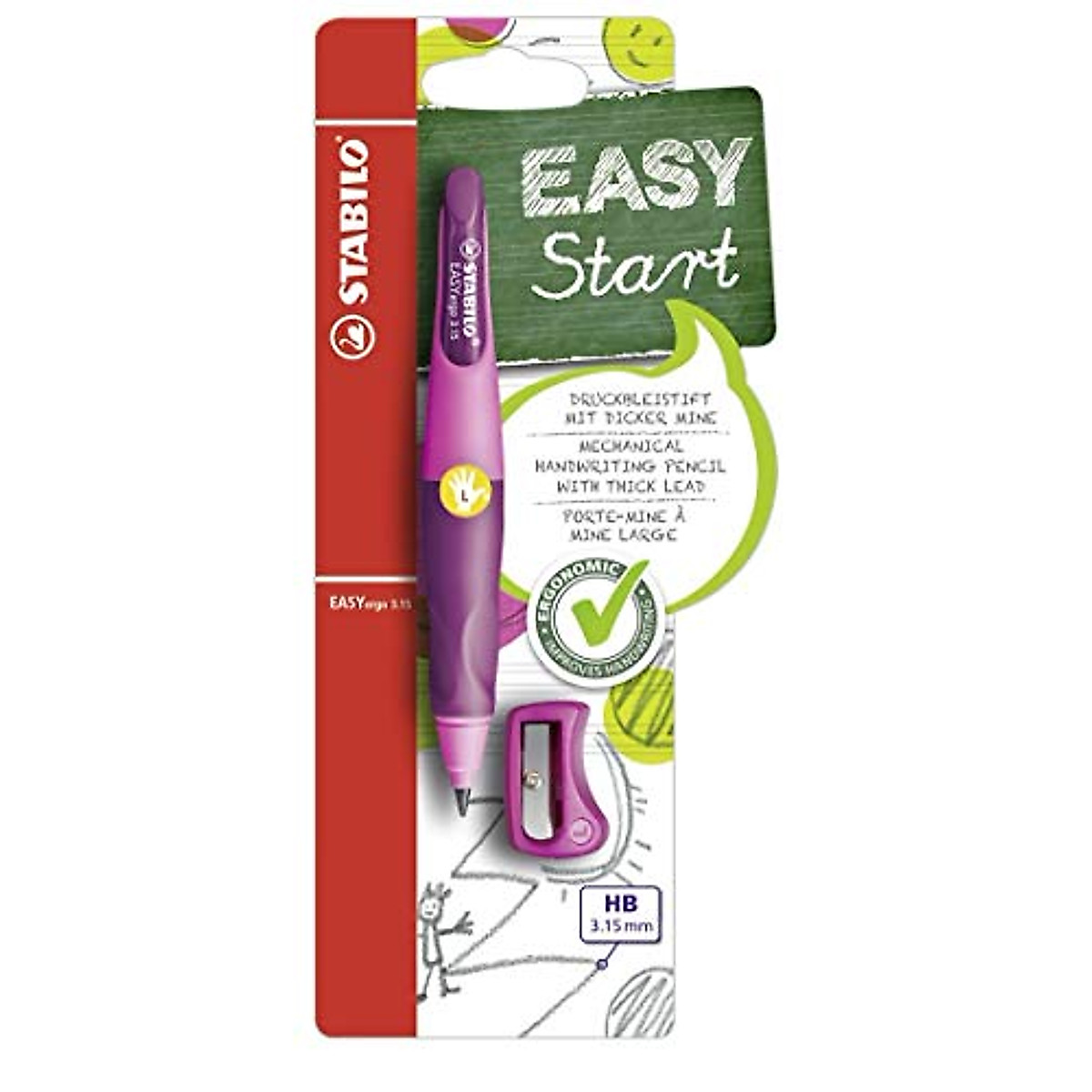 Handwriting Pencil - STABILO EASYergo 3.15 - Left Handed - Pink/Lilac + Sharpener