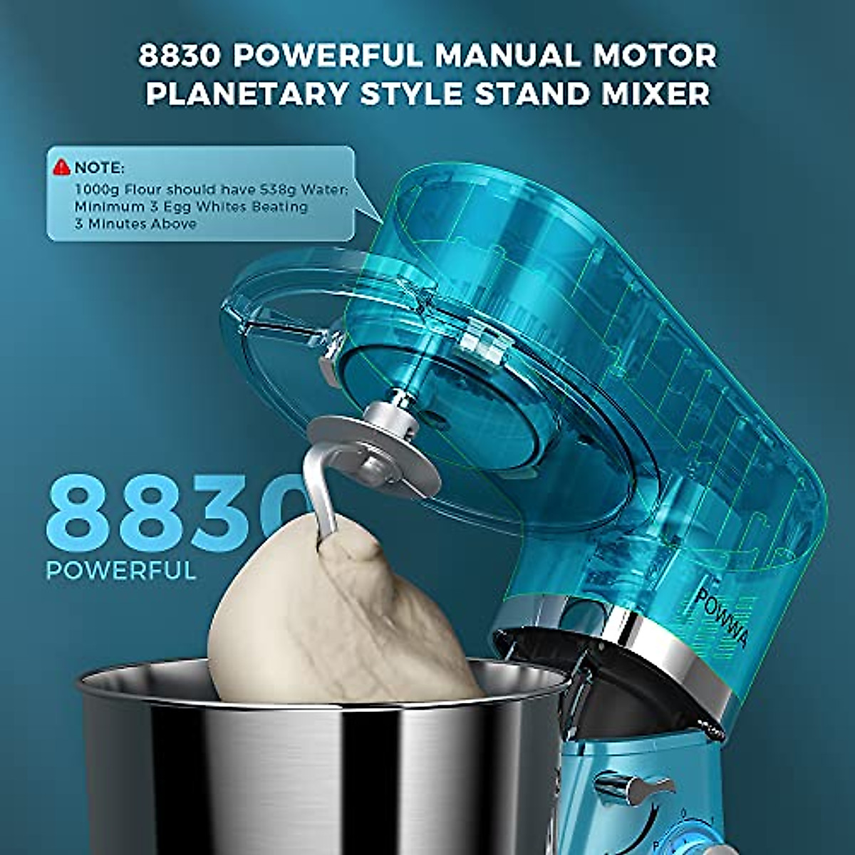 Stand Mixer, POWWA 7.5 QT Electric Mixer, 6+P Speed 660W Household Tilt-Head Kitchen Food Mixers with Whisk, Dough Hook, Mixing Beater & Splash Guard for Baking, Cake, Cookie, Kneading, ETL Certified (Blue--NO Handle)