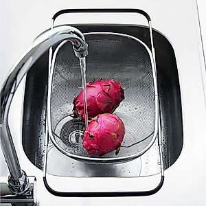 Suwimut 2 Pack Over the Sink Oval Colander for Kitchen, Stainless Steel Fine Mesh 6 Quart Strainer Basket with Expandable Rubber Grip Handles for Straining, Draining, Rinsing Fruits, Vegetables