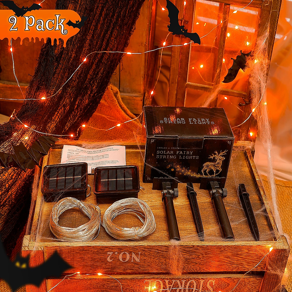 Ｗoohaha Solar Halloween Lights Outdoor,2 Pack Each 33Ft 100LED Orange Halloween Lights,Copper Wire Solar Powered Fairy String Lights 8 Modes for Garden,Tree,Thanksgiving,Christmas,Parties,Home Decor