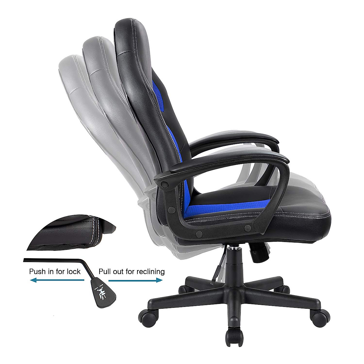 Furmax Blue Leather Office Chair with Adjustable Swivel Base, Padded Armrests and Lumbar Support