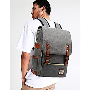 LIMHOO Vintage Laptop Backpack with USB Charging Port, College School Bookbag for Women Men, Travel Rucksack Casual Daypack (Light Grey)