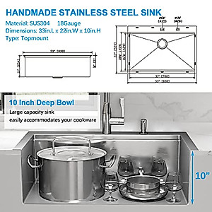 AGABOK 33 Inch Drop In Kitchen Sink, 33x22 Inch Topmount Workstation Sink with Ledge, 18 Gauge SUS304 Stainless Steel Kitchen Sink, 10 Inch Deep Handmade Single Bowl Kitchen Sinks with Accessories