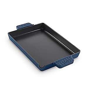 DASH Zakarian by Dash 9"x13" Nonstick Cast Iron Pan with Pour Spout and Removable Silicone Grips for Searing, Baking, Broiling, Grilling and more - Blue