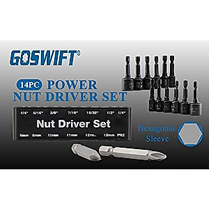GOSWIFT 14PCS Magnetic Power Nuts Driver Set for Impact Drill, Chrome Vanadium Steel, SAE and Metric, 1/4" Hex Head Drill Bit Set Screwdriver Socket Set