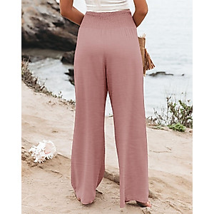 Women's Plus Size Pure Color Pants Elastic High Waist Wide Leg Palazzo Lounge Smocked Casual Trousers Pink 3XL
