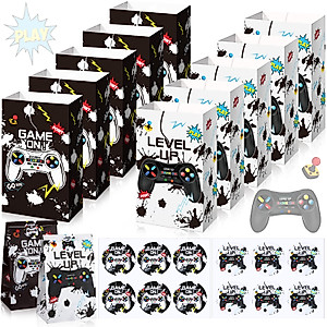 30 Pcs Video Game Party Paper Bags Gaming Party Favors Gift Bags Gamer Theme Party Goodie Bags Boys Birthday Party Decorations Treat Candy Bags with 30 Stickers (White, Black)