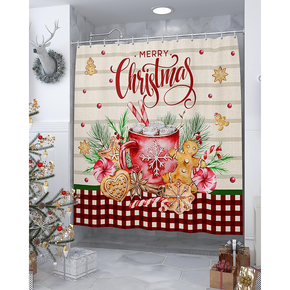 Christmas Fabric Shower Curtain 72x72 Inch, Christmas Hot Cocoa Cotton Candy Gingerbread Man Shower Curtain for Bathroom with Hooks,Waterproof Bath Shower Curtain Sets Decorative Bathroom Accessories