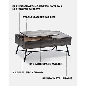 OUllUO Wood Lift Top Coffee Table with Charging Station, Vintage Coffee Table with Storage, Rustic Central Table for Living Room, Home Office, Gray Rising Coffee Table