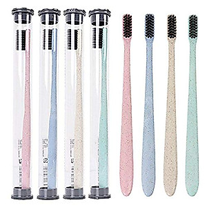 4 Pack Bamboo Charcoal Toothbrush Semilyn Wheat Straw Toothbrush Eco-Friendly ergonomic Soft Bristles Toothbrush Small Heads Superfine Teeth Comfortable for Sensitive Gums for Kid and Adult (4 Color)