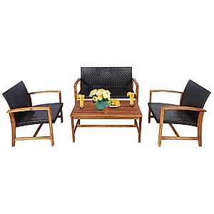 Tangkula 4-Piece PE Rattan Patio Furniture Set, Outdoor Conversation Set with Solid Acacia Wood, Outdoor Bistro Set with 1 Coffee Table, 1 Loveseat and 2 Chairs for Poolside, Backyard and Deck
