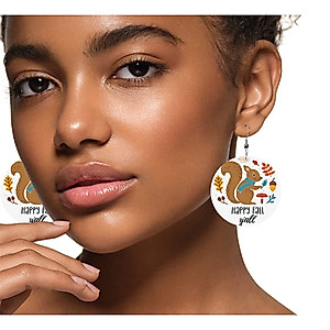 Swono Smiling Squirrel Round Faux Leather Earrings for Women Bright Falling Leaves Acorn Mushroom Pine Cones Autumn Lightweight Double-Side Printed Drop Dangle Earring for Birthday Party Gift