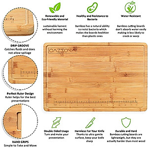 CAZZOVA Bamboo Cutting Board EXTRA LARGE with RULER and Juice Groove - Kitchen Wood Butcher Block for Meat Vegetables and Cheese- Chopping- Charcuterie Board- Wooden Serving Tray w/ Handles