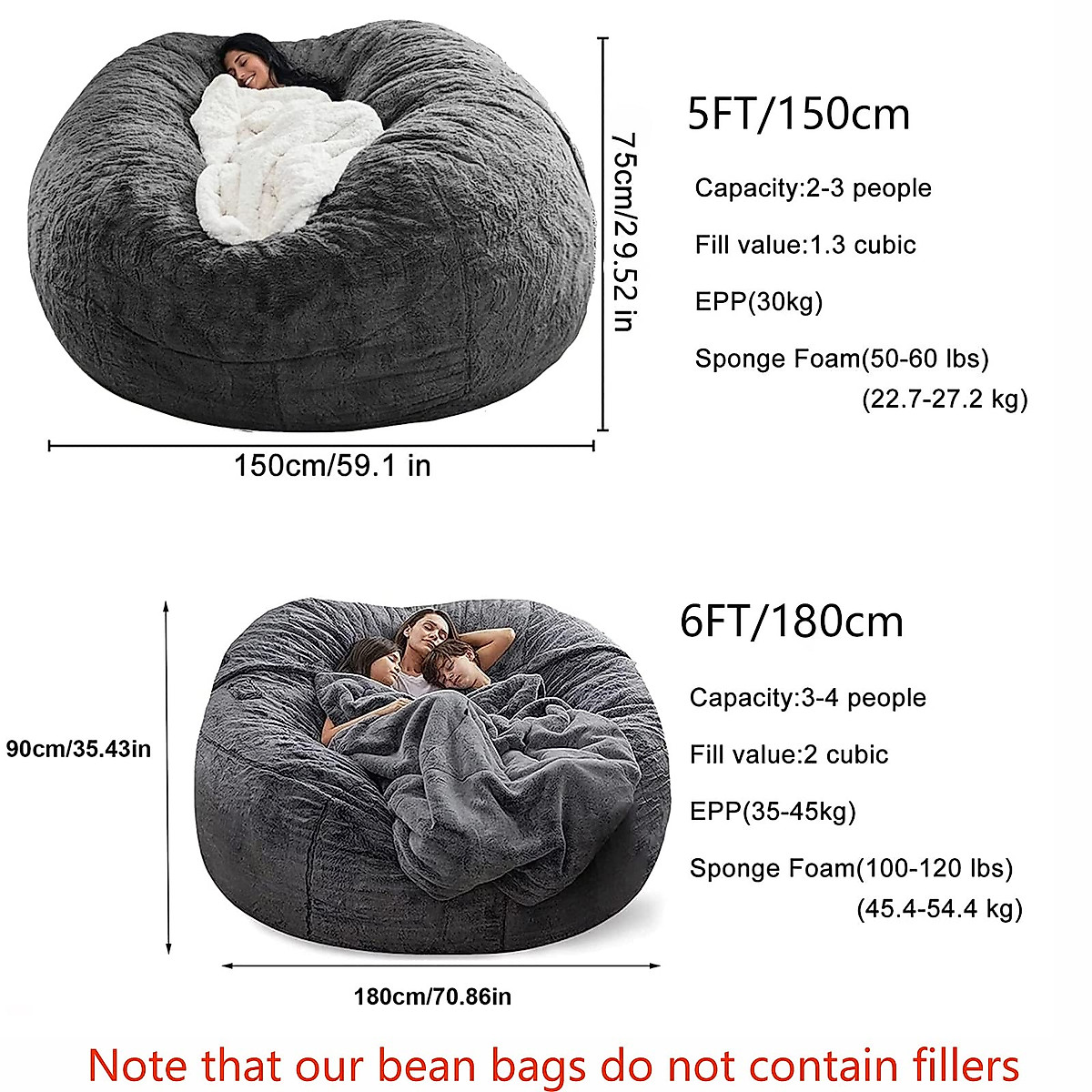 cjc Giant Fur Bean Bag Chair Cover for Kids Adults, (No Filler) Living Room Furniture Big Round Soft Fluffy Faux Fur Beanbag Lazy Sofa Bed Cover,Snow White,6FT 150 * 75cm