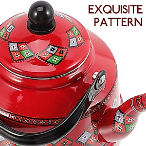 GANAZONO Vintage Enamel Teapot Stainless Steel Tea Kettle Camping Coffee Kettle Floral Hot Water Boiler Pot for Home Kitchen Red 2.5L