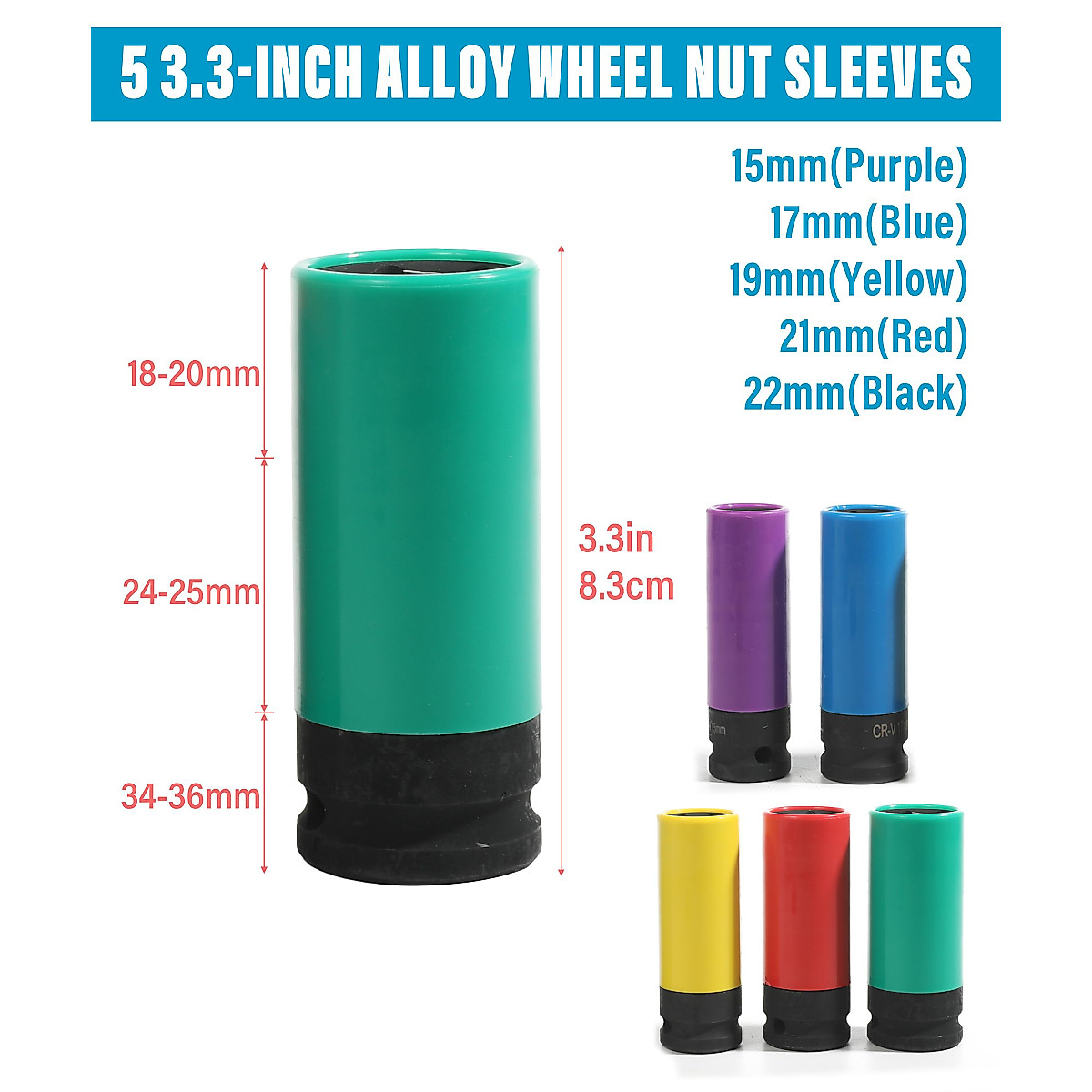 Zlirfy 5PCS 1/2 Inch Drive Impact Lug Nut Socket Set,Drive Deep Impact Socket,Car Accessories 15 17 19 21 22 MM Non-Marring Thin Wall Wheel Protector Nut Socket,Fit for 1/2" Drive Impact Wrench