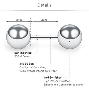 SCERRING 4 Pairs 20G 1/4" Stainless Steel Polished Ball Barbell helix Cartilage Tragus Ear Lobe Stud Earring for Men Women 3-6mm - Silver