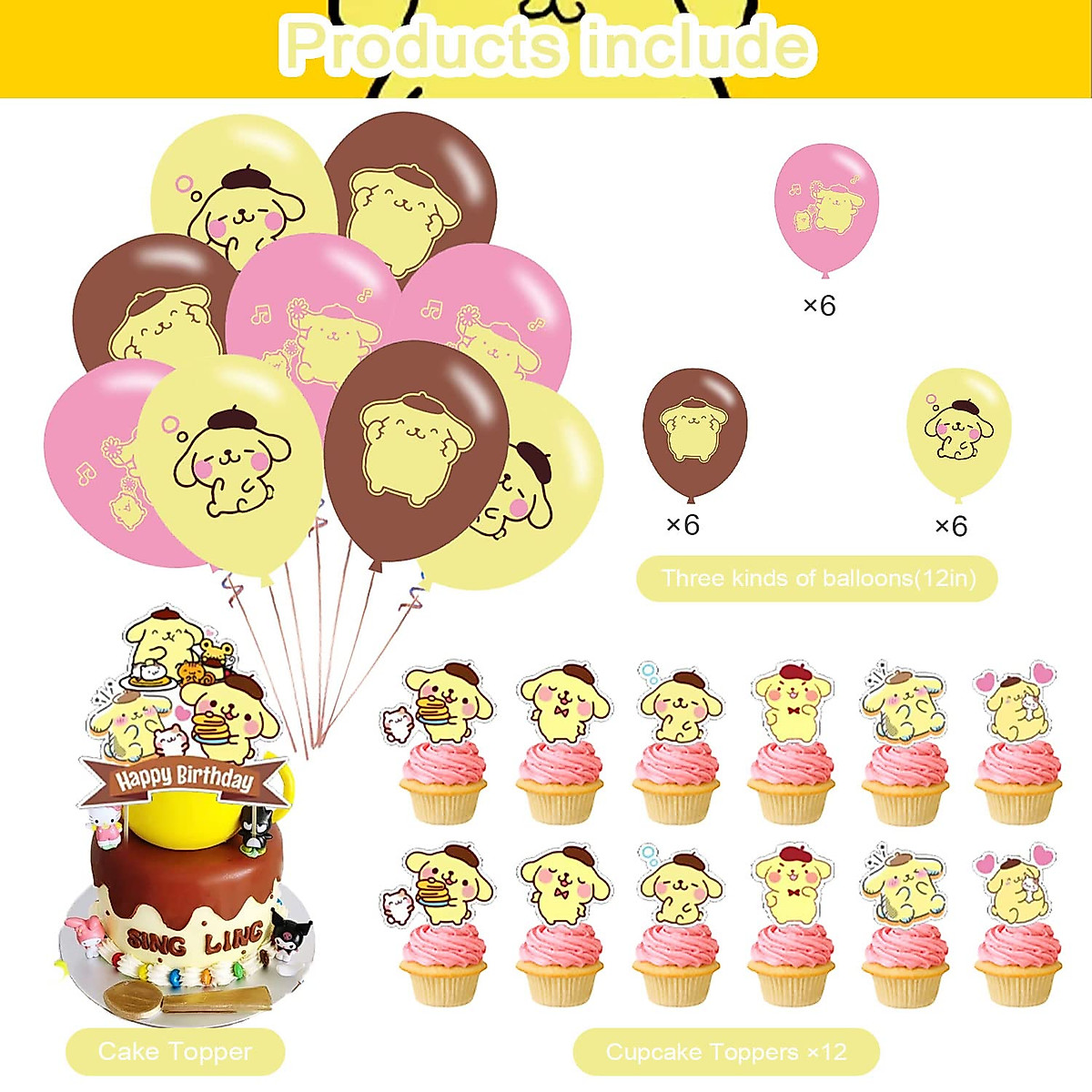 Pompompurin Party Supplies,Birthday Party Decorations for Cartoon Dog for kids with happy birthday banner,cake topper ,balloons for Pompompurin theme birthday party decorations