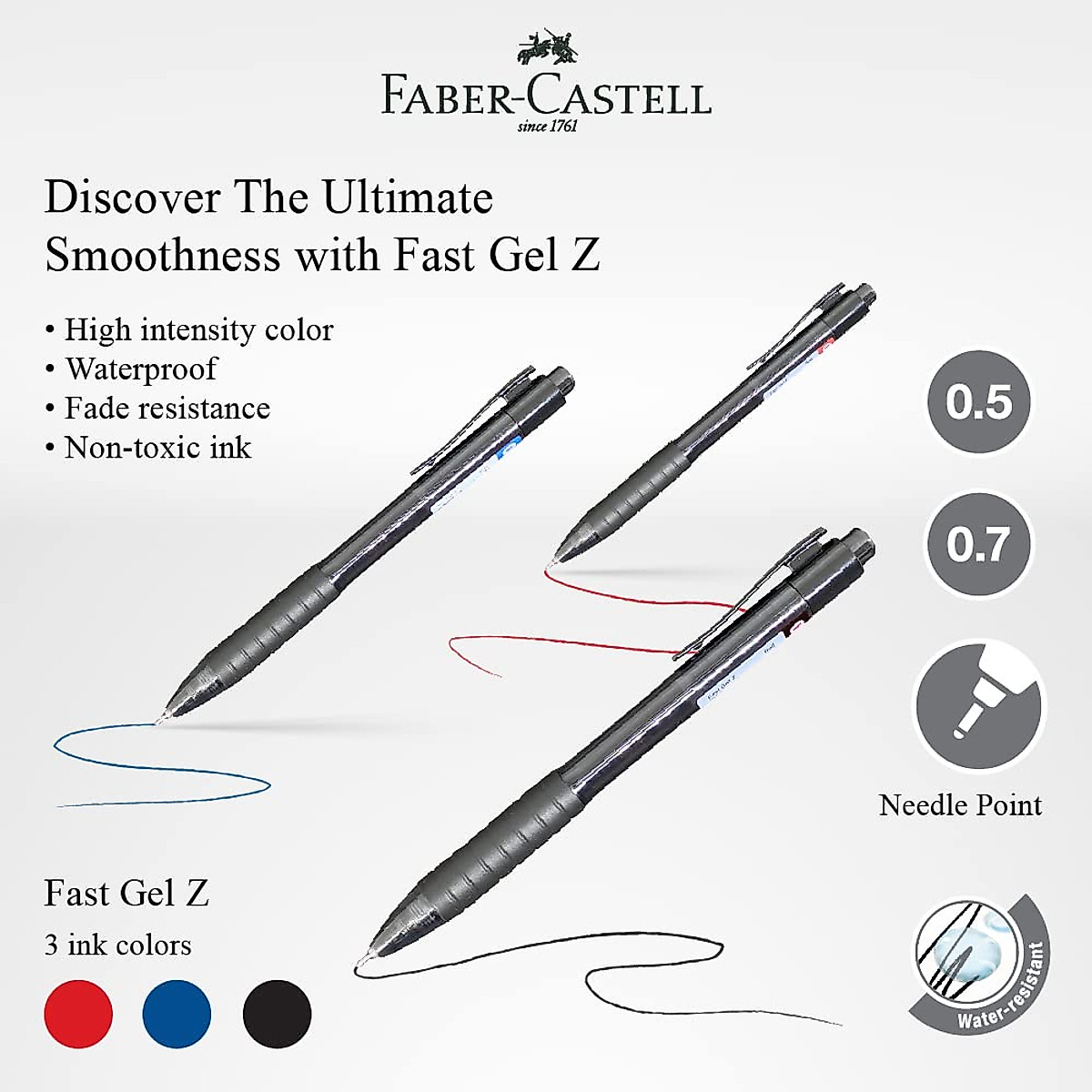 Faber-Castell Fast Gel-Z Box of 10 (0.5/0.7mm - Black/Blue/Red) Super Smooth Gel Ink, Water-Proof, Ergonomic Writing, Non-Smudging (0.7mm (Red))