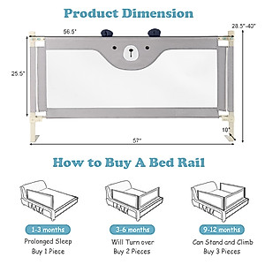 BABY JOY Bed Rail for Toddlers, 57’’ Extra Long, Height Adjustable & Folding Baby Bed Rail Guard w/Breathable Mesh & Double Safety Child Lock for Kids Twin Double Full Size Queen King Mattress (Gray)