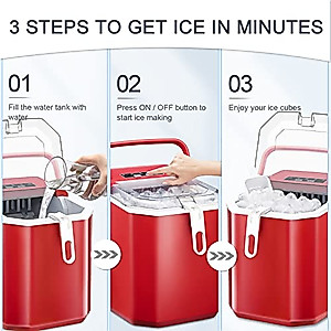 Antarctic Star Countertop Ice Maker, S/L Bullet Ice, 28lbs/Day, 9 Ice Cubes in 6 Mins, Portable Ice Machine with Ice Scoop and Handle, Self-Cleaning, One-Click Operation, for Kitchen Office Home Red