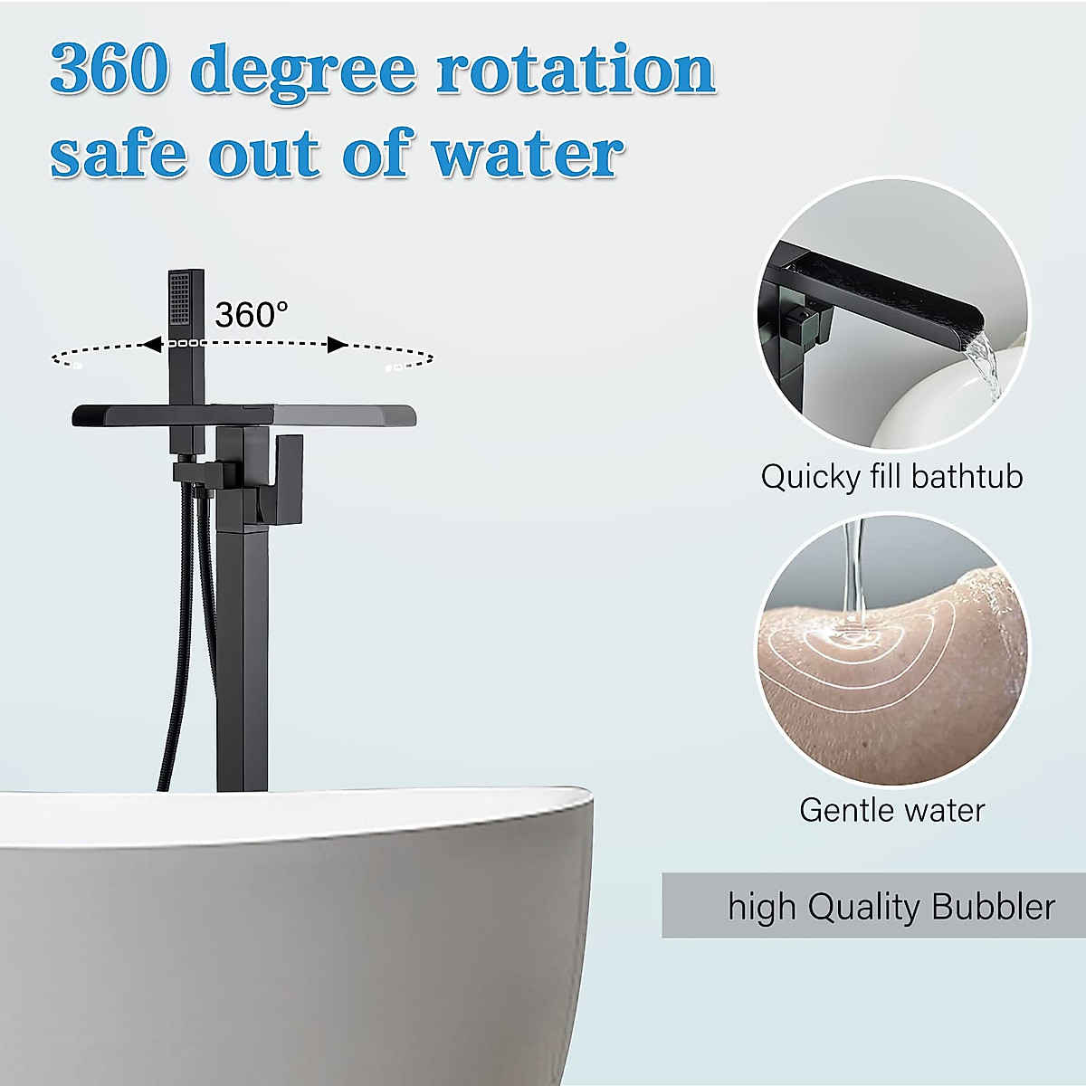 YAGATAP Freestanding Tub Faucet, Free Standing Tub Filler Matte Black, Single Handle Stand Alone Brass Bathtub Faucet with Hand Held Shower and Swivel Waterfall Mixer Spout Floor Mount