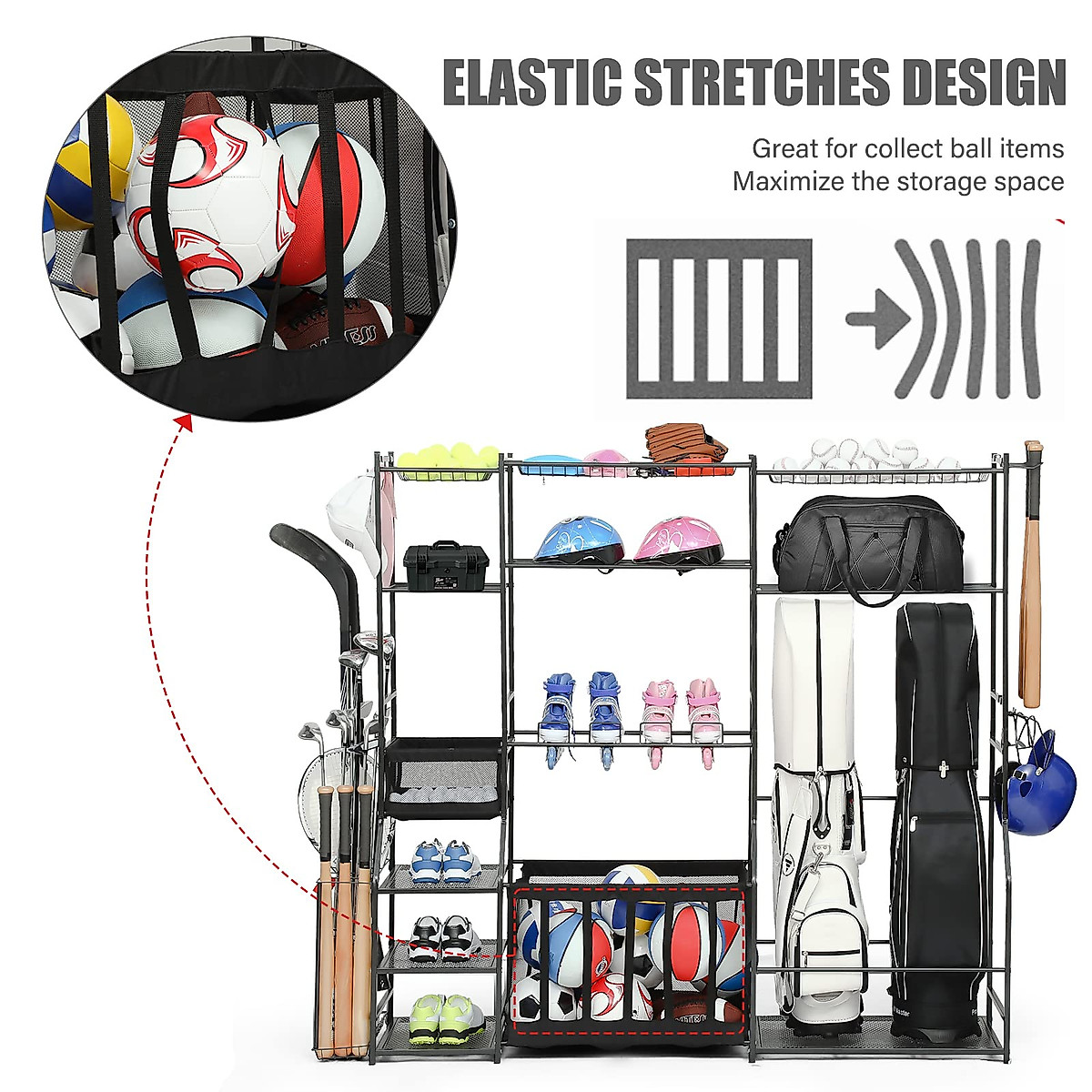 6.3FT Golf Bag Storage Garage Organizer,2 Golf Bag Storage Racks and Other Sports Equipment Organizer, Extra Large Storage Rack for Garage,Holds Golf Clubs,Balls and Miscellaneous Items