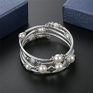 Beaded Pearl Bangle Wrap Bracelet - Fashion Bohemian Jewelry Multilayer Charm Bracelet with Thick Silver Metal Beads, Gift For Women (White)