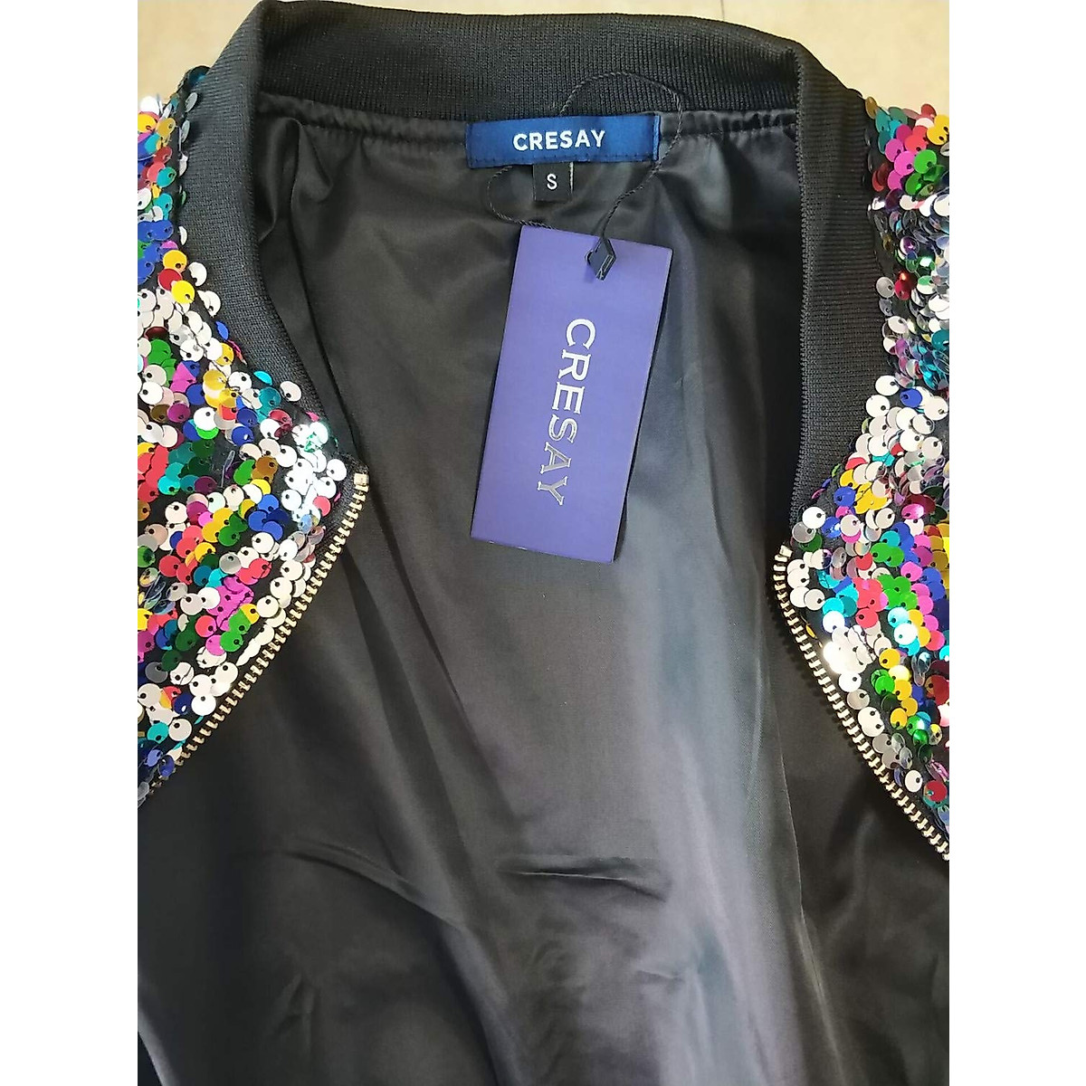 Cresay Women's Sequin Fitted Long Sleeve Zipper Blazer Bomber Jacket-Rainbow S