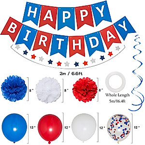 Blue White and Red Birthday Decorations, Patriotic Party Supplies Kit for Men Women Boys Grils, Happy Birthday Banner Paper Pompoms Red Blue Confetti Balloons Star Streamer for 4th of July Baseball