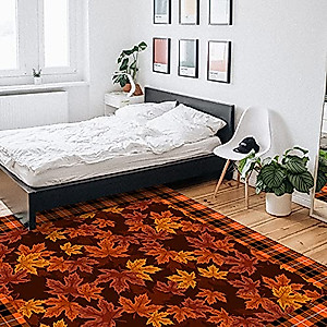 Large Rectangular Area Rugs 5' x 7' Living Room, Thanksgiving Maple Autumn Leaf Durable Non Slip Rug Carpet Floor Mat for Bedroom Bedside Outdoor Fall Orange Buffalo Plaid