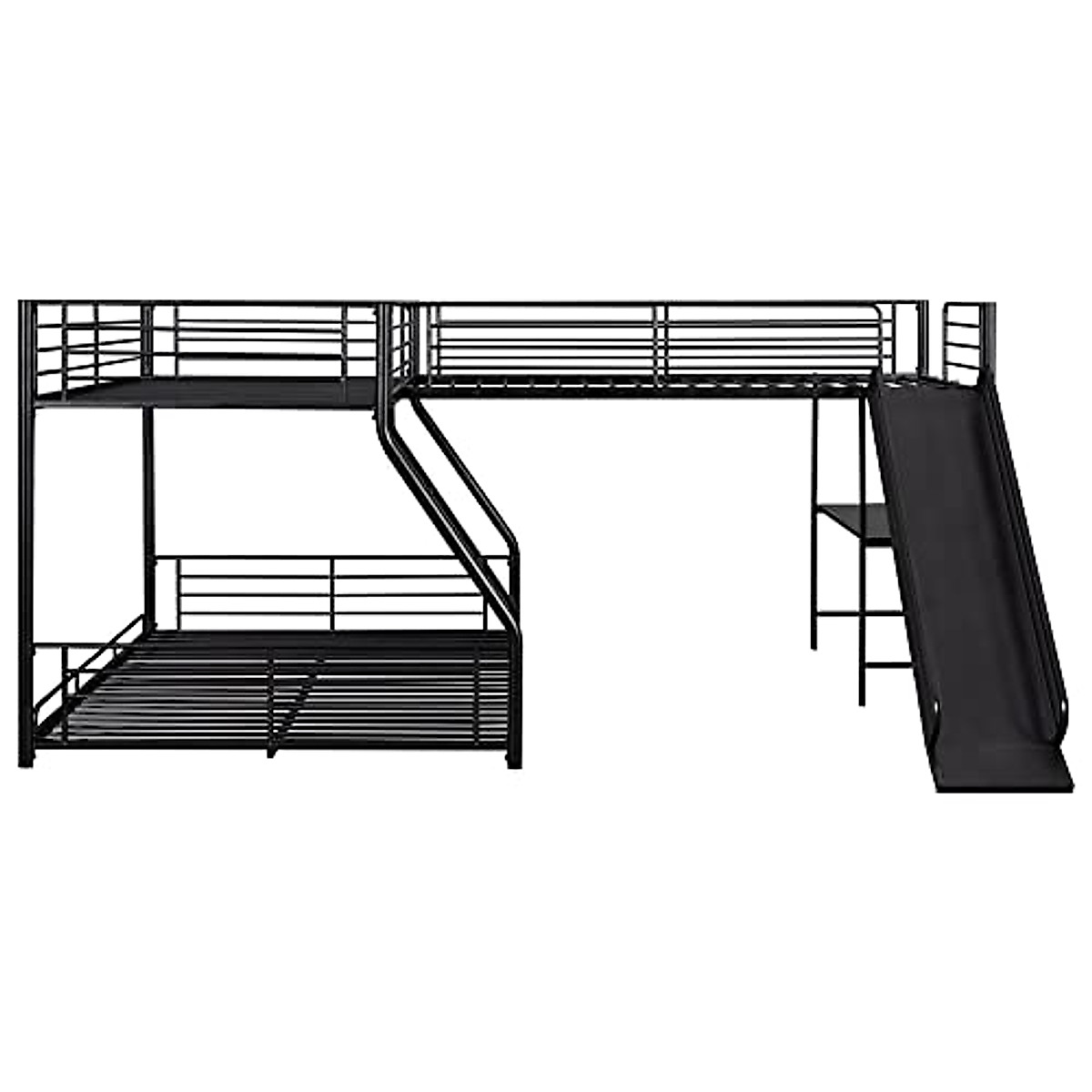 DEYOBED Twin Over Full L-Shape Bunk Bed with Slide and Built-in Desk, Metal Triple Bunk Bed for Kids Teens Boys Girls, No Box Spring Needed, Black