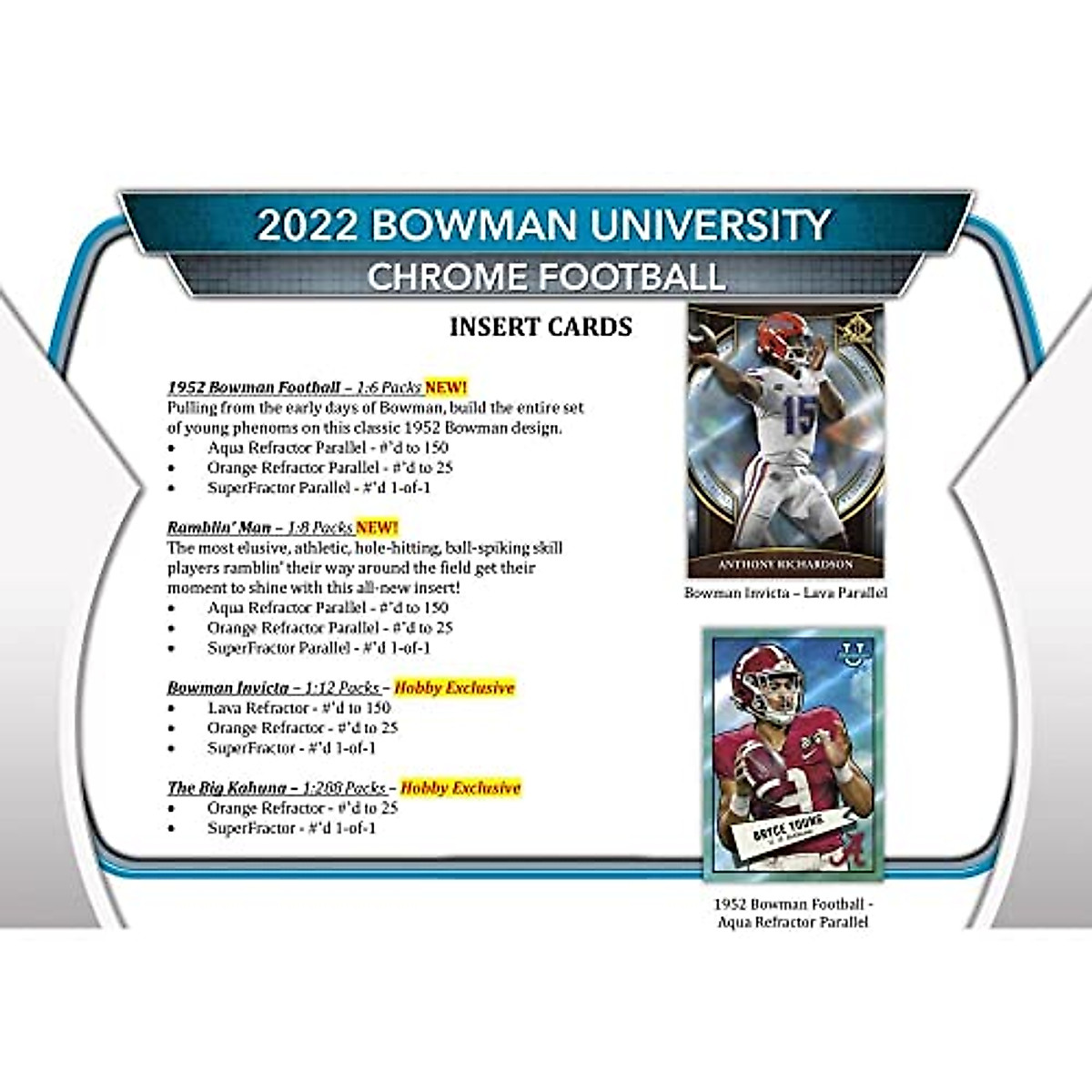 2022 Bowman Chrome University Football Hobby Box (24 Packs/4 Cards: 2 Autos)