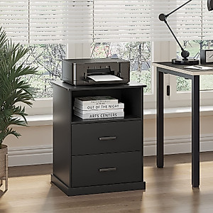 Hasuit Night Stand with Charging Station, Large Nightstand with Storage Drawers and Open Cubby, Black Bedside Side End Table for Home Office, Wider Tabletop 19.0'' x 15.0''