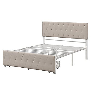 Full Bed with Drawers, Upholstered Platform Bed with Headboard, Metal Bed Frame with Storage for Boys, Girls, Kids, Teens, Beige