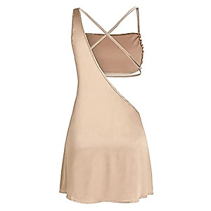 ZAFUL Women's 2 Piece Cut Out Silky Satin and One Shoulder Mini Cami Dresses for Graduation Night Club Date Party(Champagne, S)
