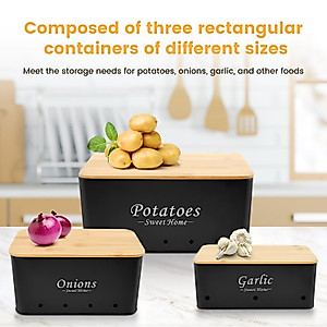 WHSUNVO 3Pcs Onion Garlic Potato Storage Box Set Carbon Steel Potato Onion Storage Bin with Vent Hole Multipurpose Vegetable Keeper Containers Potato Onion Garlic Jars Storage Canisters(Black)