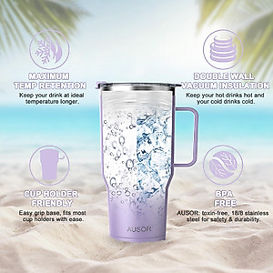AUSOR 30 oz Tumbler with Lid and Straw,Water Bottle with Handle,Insulated Stainless Steel Tumbler for Hot & Cold, Coffee Travel Mug Cups Reusable Purple