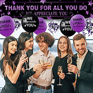 We Appreciate You Decorations Black Purple Appreciate You Banner with 18 pcs Balloons Thank You Yard Sign for Teacher Employee Staff Doctors Nurse Poaster Volunteer Appreciation Week Party Decor