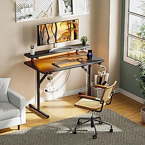 MOTPK Small Gaming Desk with LED Lights & Power Outlets, 31 Inch Computer Desk Gaming Table with Monitor Shelf, Gamer Desk with Carbon Fiber Texture, Kids Boys Desk Gift for Men