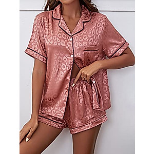 Floerns Women's Notch Collar Leopard Print Sleepwear Two Piece Pajama Set Pink Leopard S