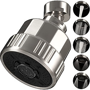 Faucet Sprayer Attachment, Big Angle Swivel Kitchen Faucet Aerator,Sink Faucet Head Replacement, 5 Spray Models, 55/64-27UNS Famale Thread, Male Thread Adapter included, Brushed Nickel