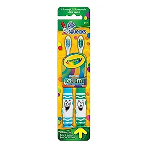 GUM Crayola Toddler Pip-Squeaks Toothbrush, Ultra Soft Bristles, Tapered Head, Ages 3+, 2 Count, (Pack of 6)