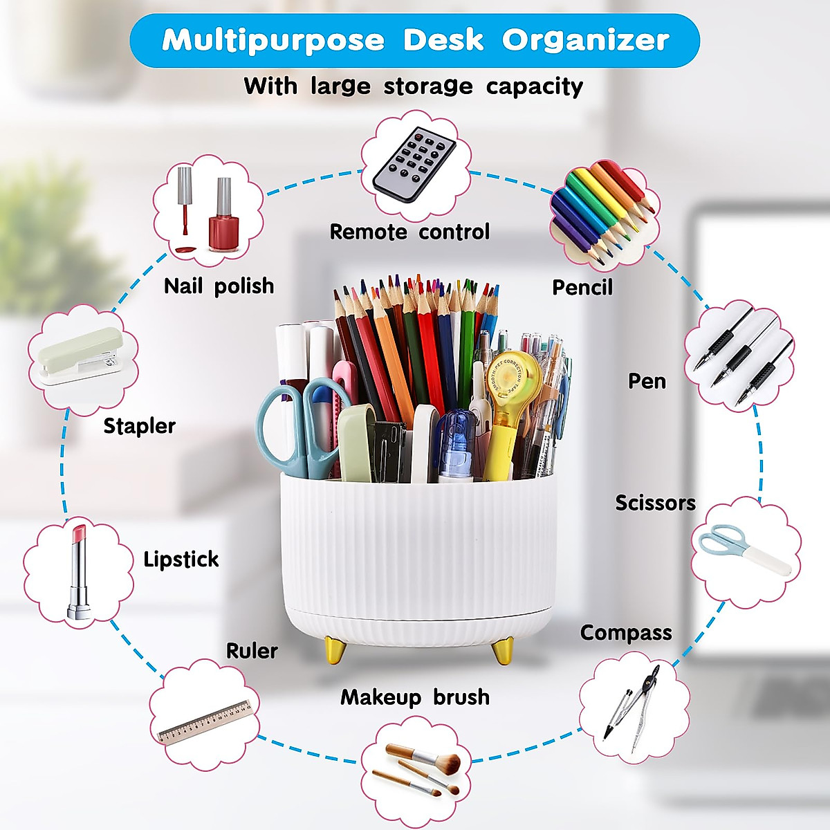 XHEHOY Pencil Pen Holder for Desk, 360 Degree Rotating Desk Organizers with 5 Slots, Cute Pen Cup for Office, School, Home and Art Supply, Desktop Storage Stationery Supplies Organizer, White