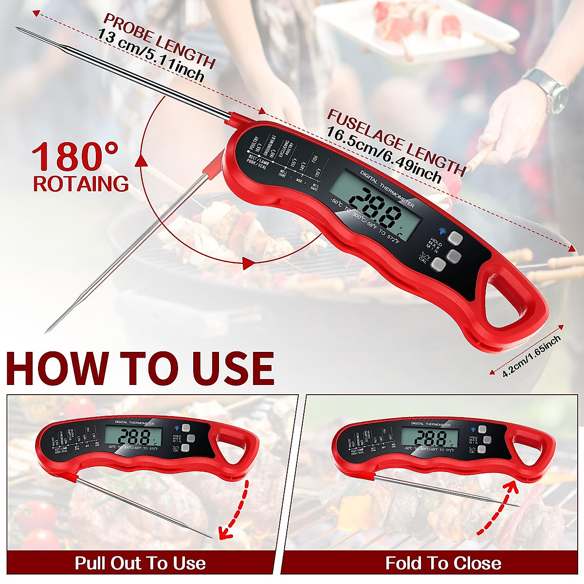 Xuhal 3 Pcs Instant Read Meat Thermometer Waterproof Precise Digital Food Thermometer Red Oven Grilling Cooking Thermometer with Folding Probe Backlight and Calibration for Kitchen Outdoor BBQ Candy